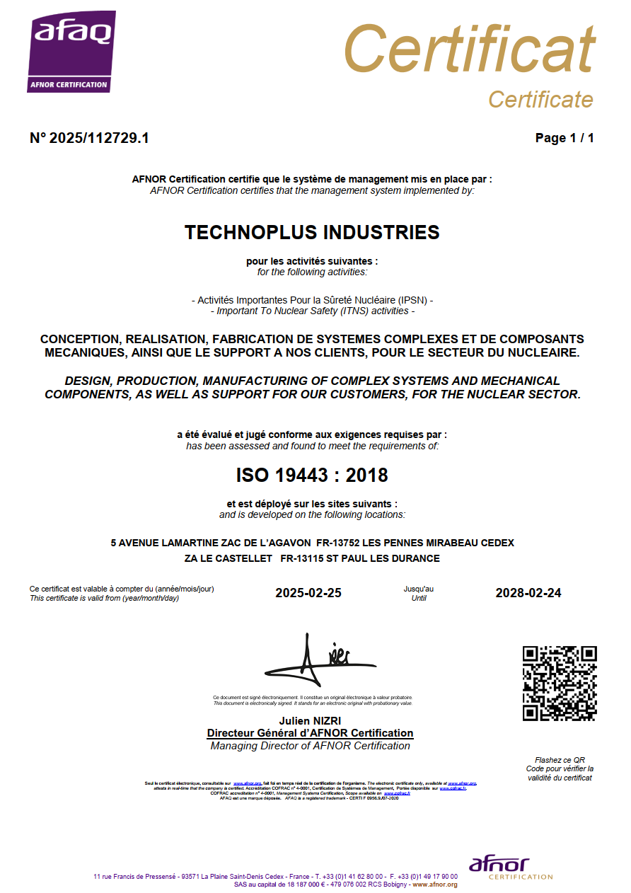 Certification ISO 19443 - TechnoPlus Industries